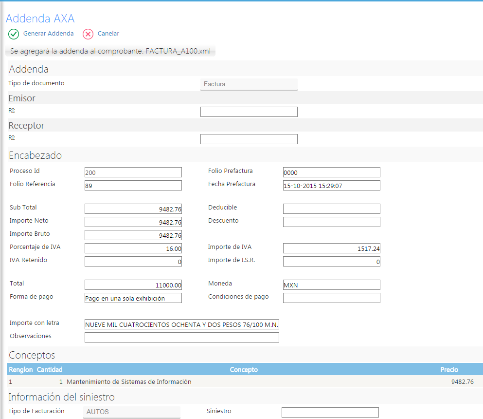 Addenda AXA - Factura Fácilmente de México S.A. de C.V.